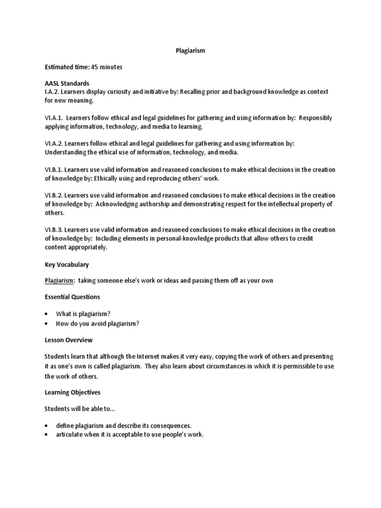 Plagiarism Lesson Plan | PDF | Plagiarism | Learning