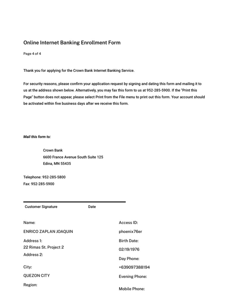 Online Internet Banking Enrollment Form: Page 4 of 4 | PDF | Law