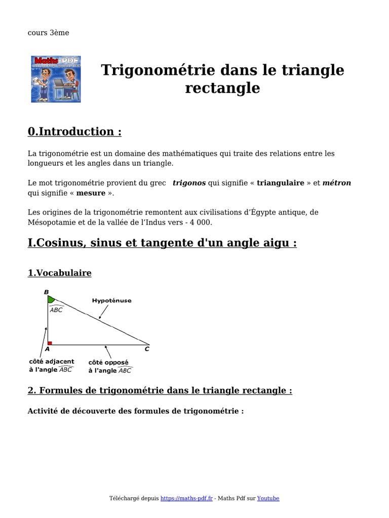 Trigonométrie 3ème: Triangle Rectangle | PDF | Trigonométrie | Fonction ...