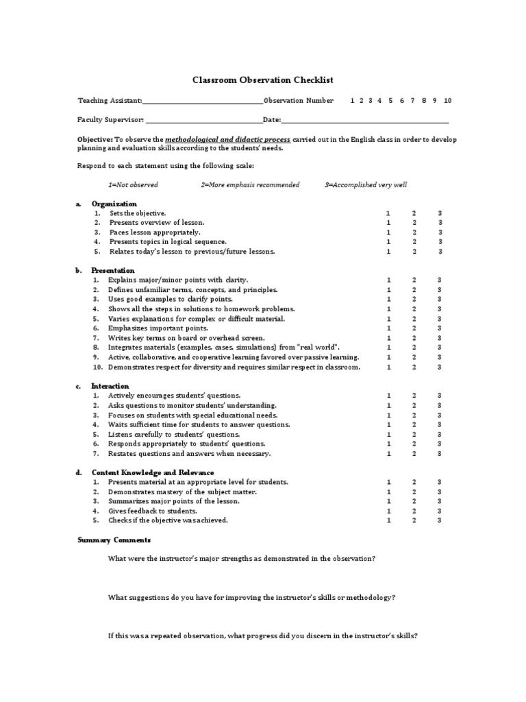 Classroom Observation Form | PDF | Neuropsychological Assessment ...