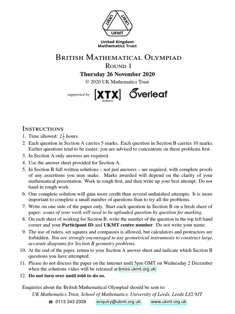 UKMT - BMO Round 1 - British Mathematical Olympiad 2021 | PDF | Numbers ...