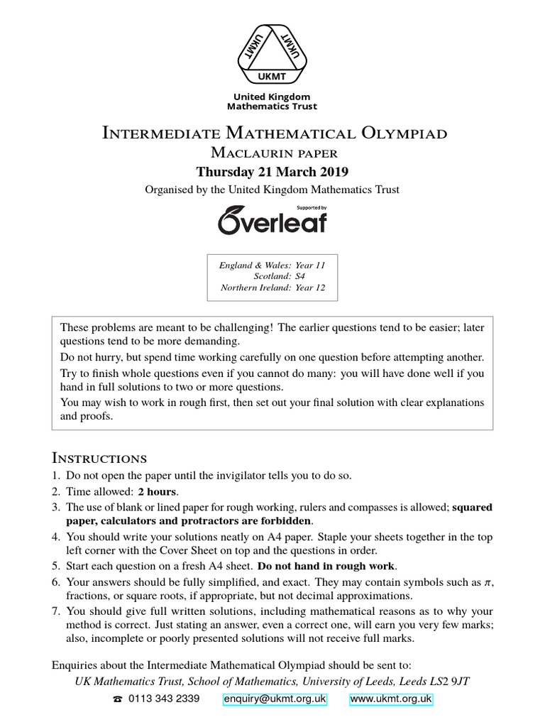 UKMT - IMOK - Maclaurin - Intermediate Mathematical Olympiad and ...