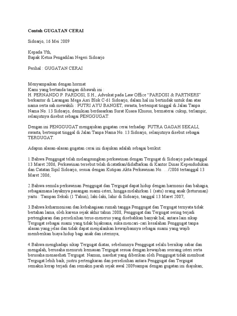 Contoh GUGATAN CERAI | PDF | Politik | Hukum