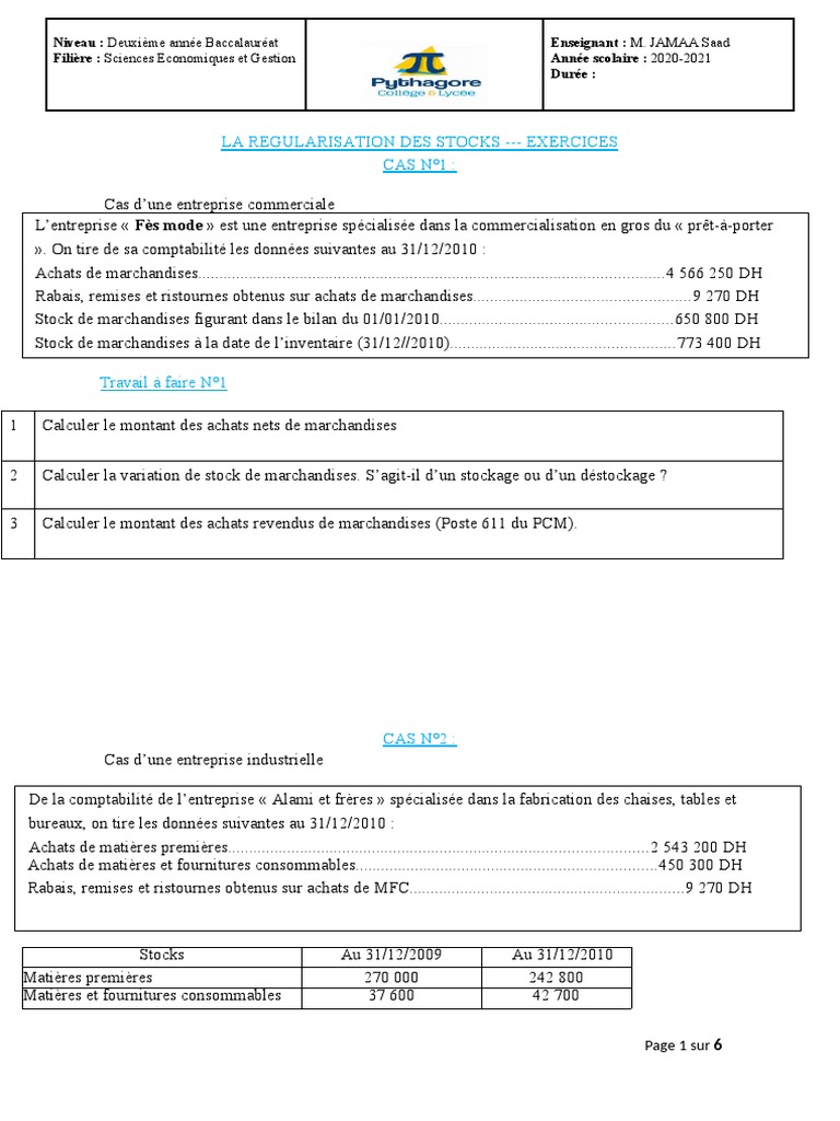 Régularisation Des Stocks 2 Bac Éco 2020 Exercices | PDF | Inventaire | Comptabilité financière