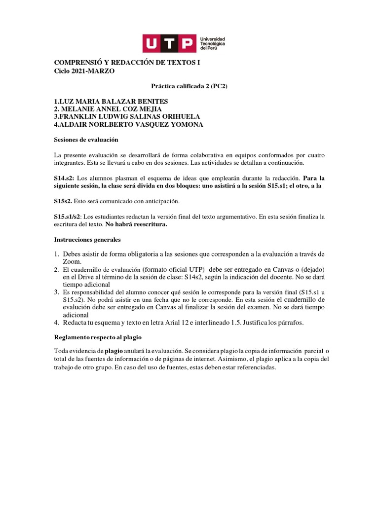 S14.s2 y S15 Práctica Calificada 2 (Formato Oficial UTP) 2021-Marzo | PDF | Educación primaria