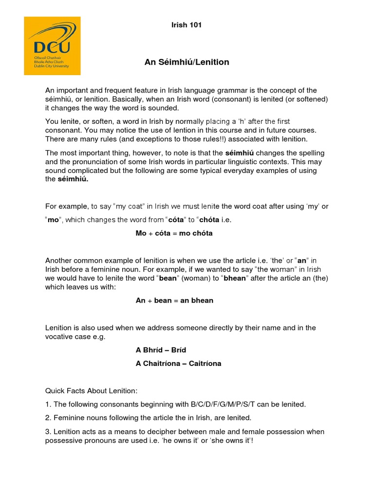 An Séimhiú/Lenition: Irish 101 | PDF | Language Arts & Discipline