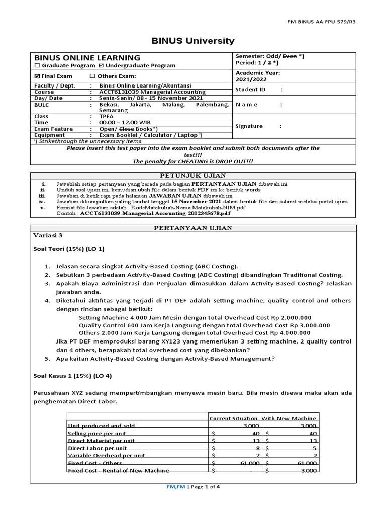 Ujian Akuntansi Manajerial BINUS 2021 | PDF