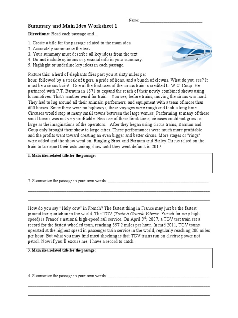 Summary and Main Idea Worksheet 1: Directions: Read Each Passage and ...