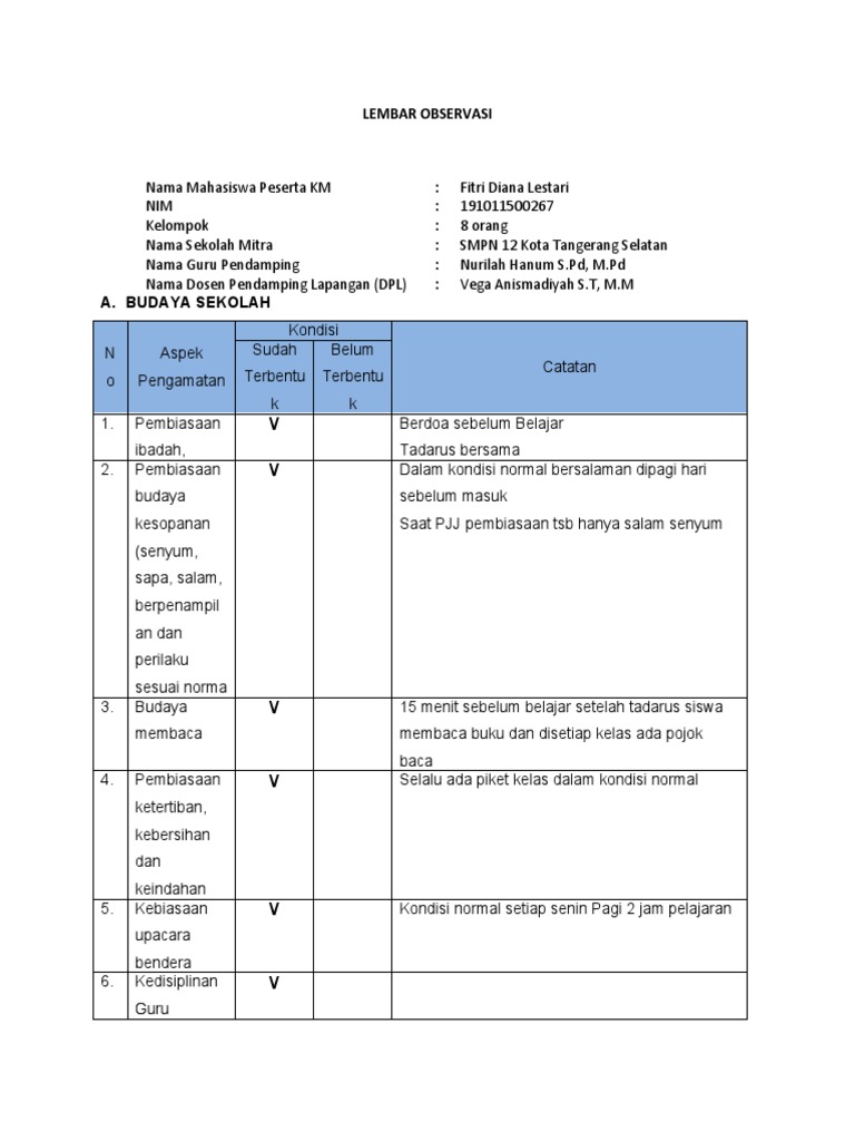LEMBAR OBSERVASI (Template) | PDF