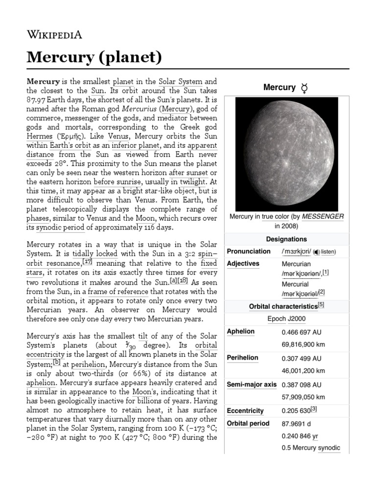 Mercury (Planet) - Wikipedia | PDF | Mercury (Planet) | Magnetosphere
