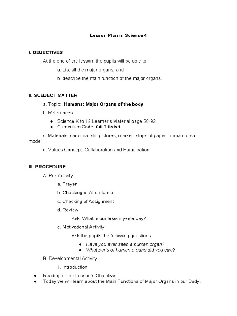 Lesson Plan in Science 4 | PDF | Human Body | Blood