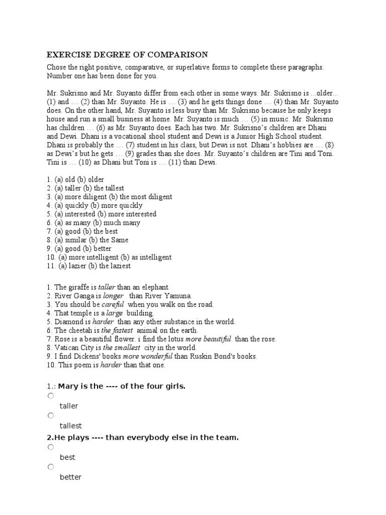 Exercise Degree of Comparison | PDF