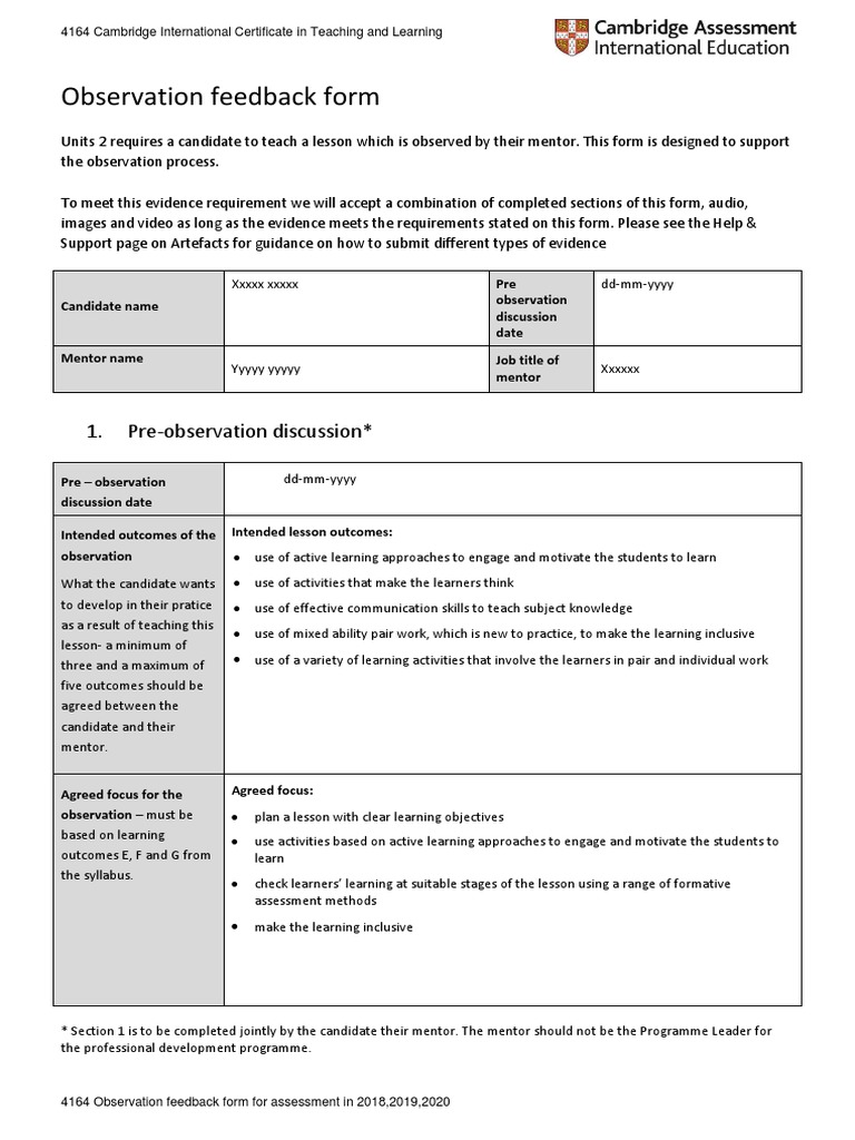 Observation Feedback Form | PDF | Mentorship | Learning