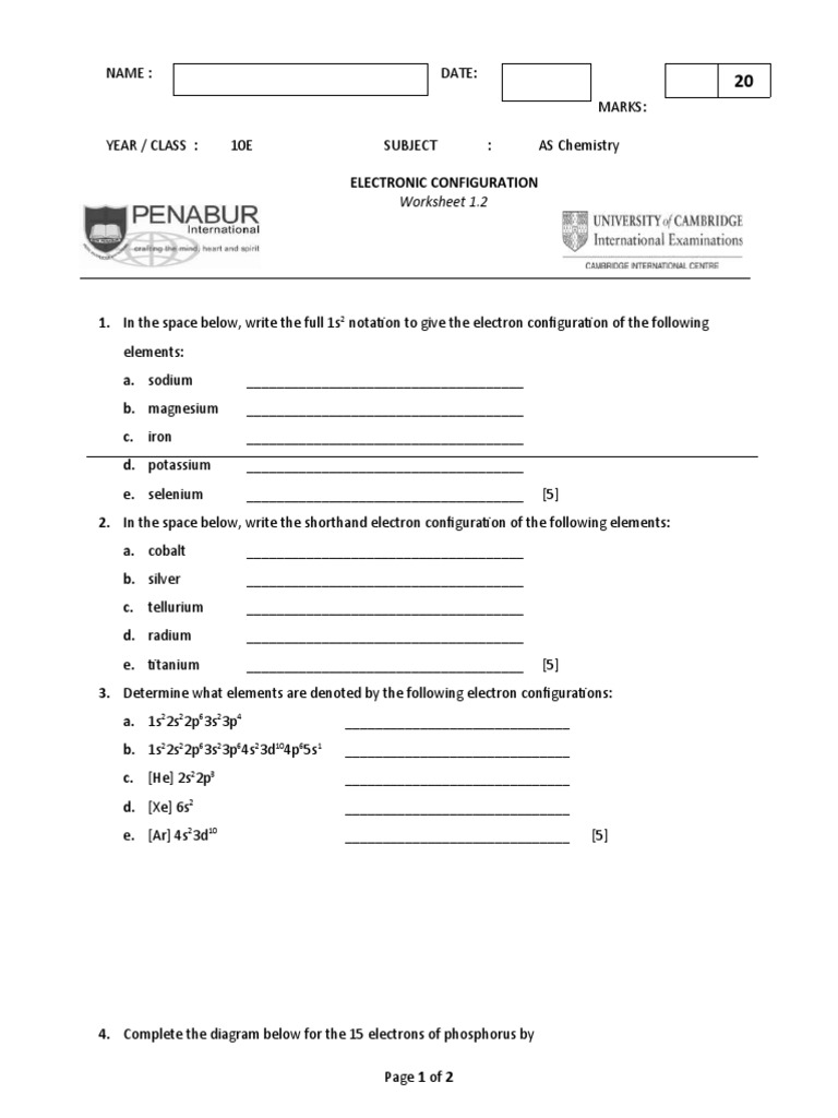 (10E) Worksheet 1.2 - Electronic Configuration | PDF | Electron ...