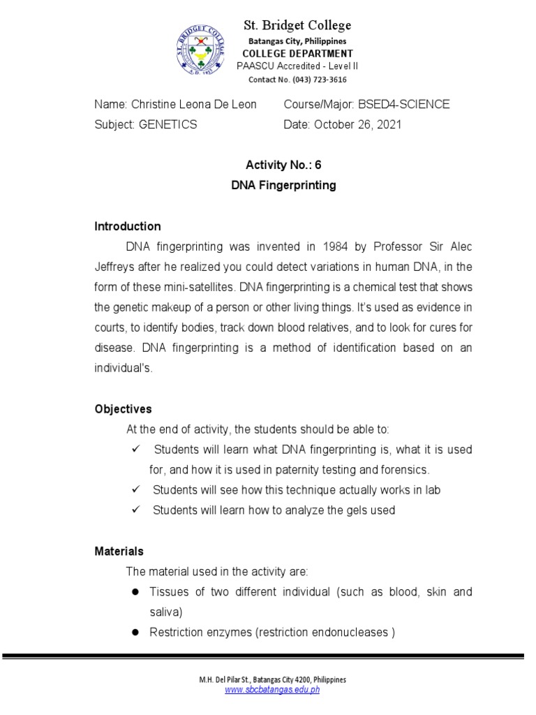 Activity For DNA Fingerprinting | PDF | Gel Electrophoresis | Dna Profiling