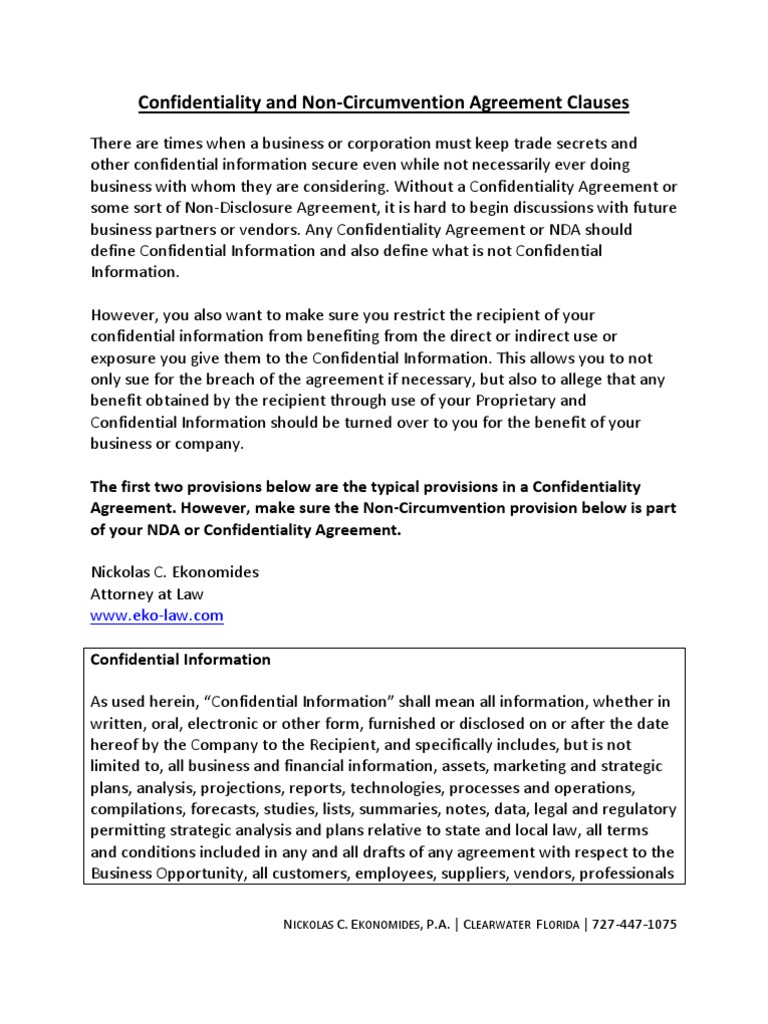 Confidentiality and Non-Circumvention Agreement Clauses | PDF | Non ...