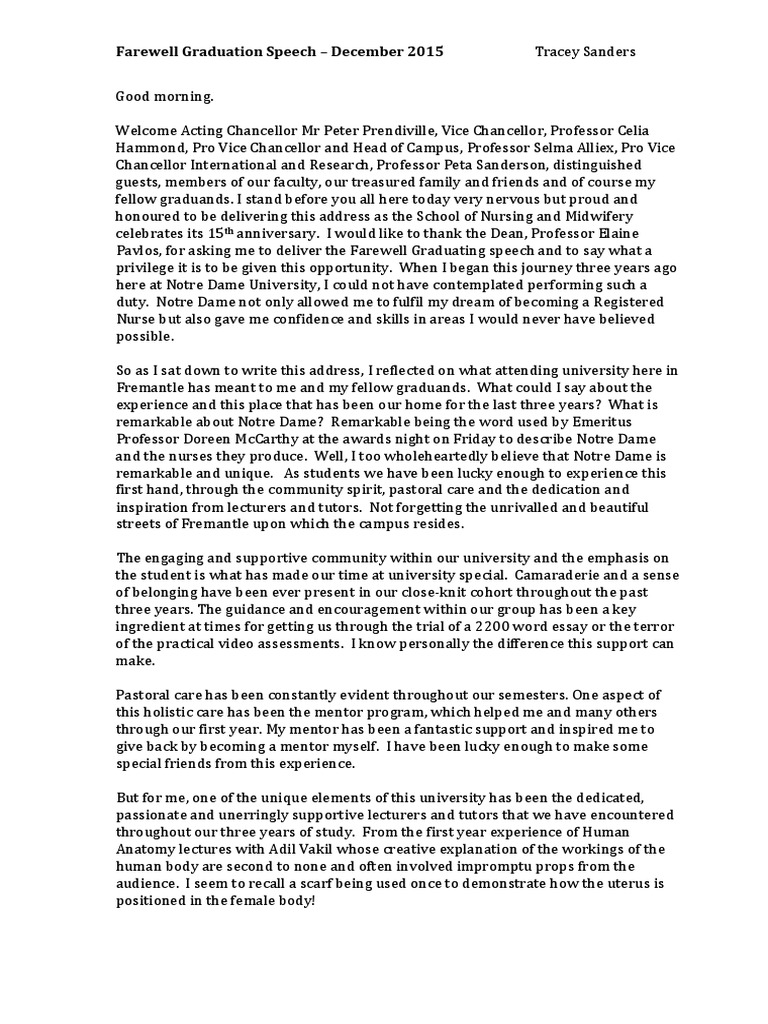 Farewell Graduation Speech - December 2015 | PDF | Nursing