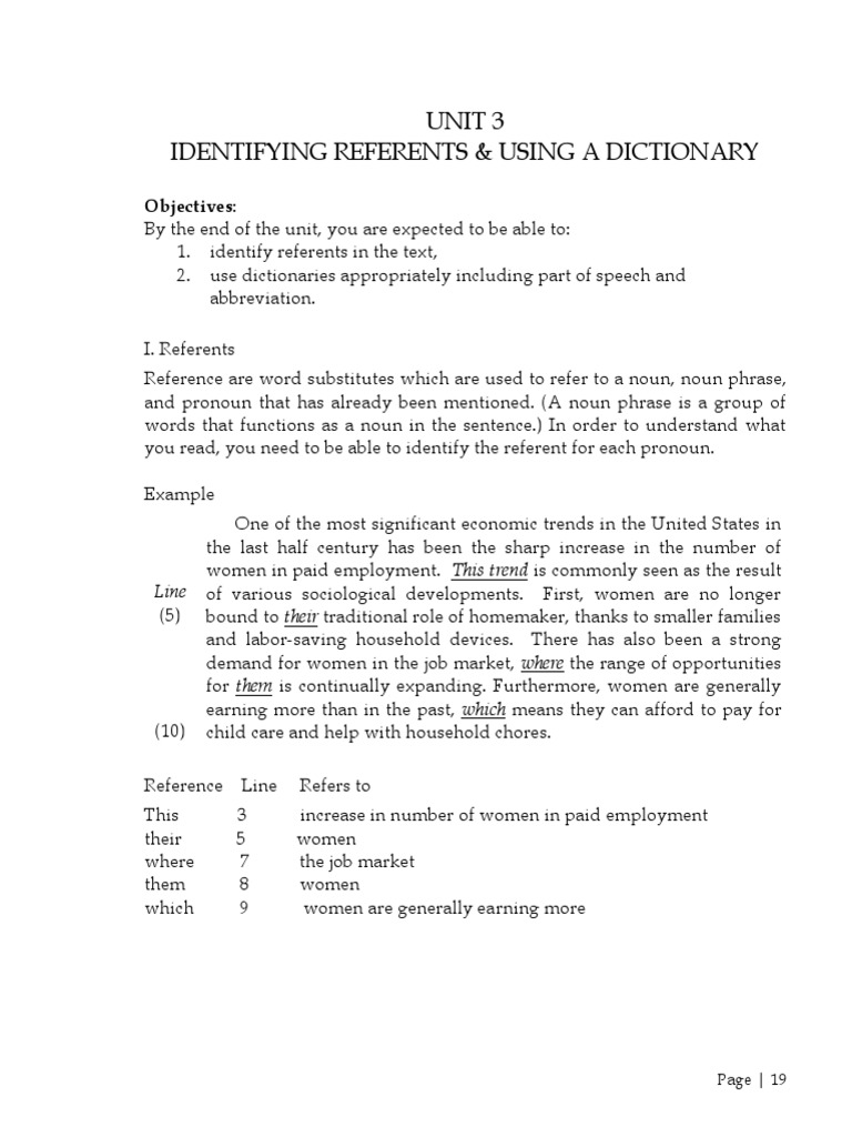Unit 3 Identifying Referents & Using A Dictionary: Objectives | PDF | Part Of Speech | Verb