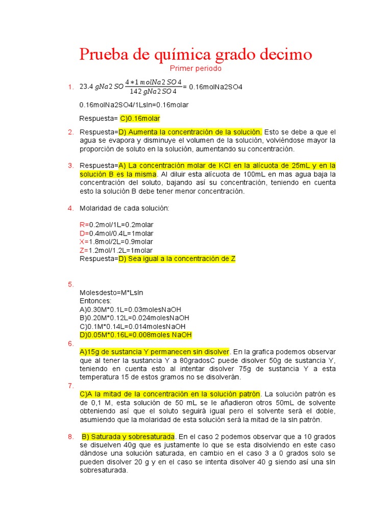 Prueba de Química Grado Decimo | PDF | Gases | Concentración