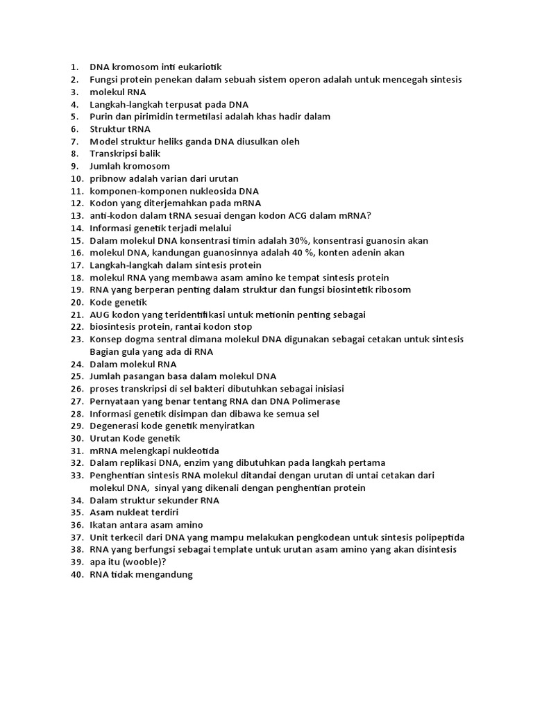 Kisi Kisi BIOLOGI MOLEKULAR S1 Soal Uts Biomol 2021 | PDF