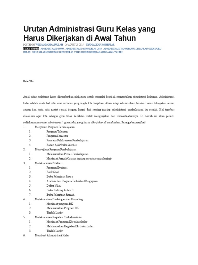 Urutan Administrasi Guru Kelas Yang Haru | PDF