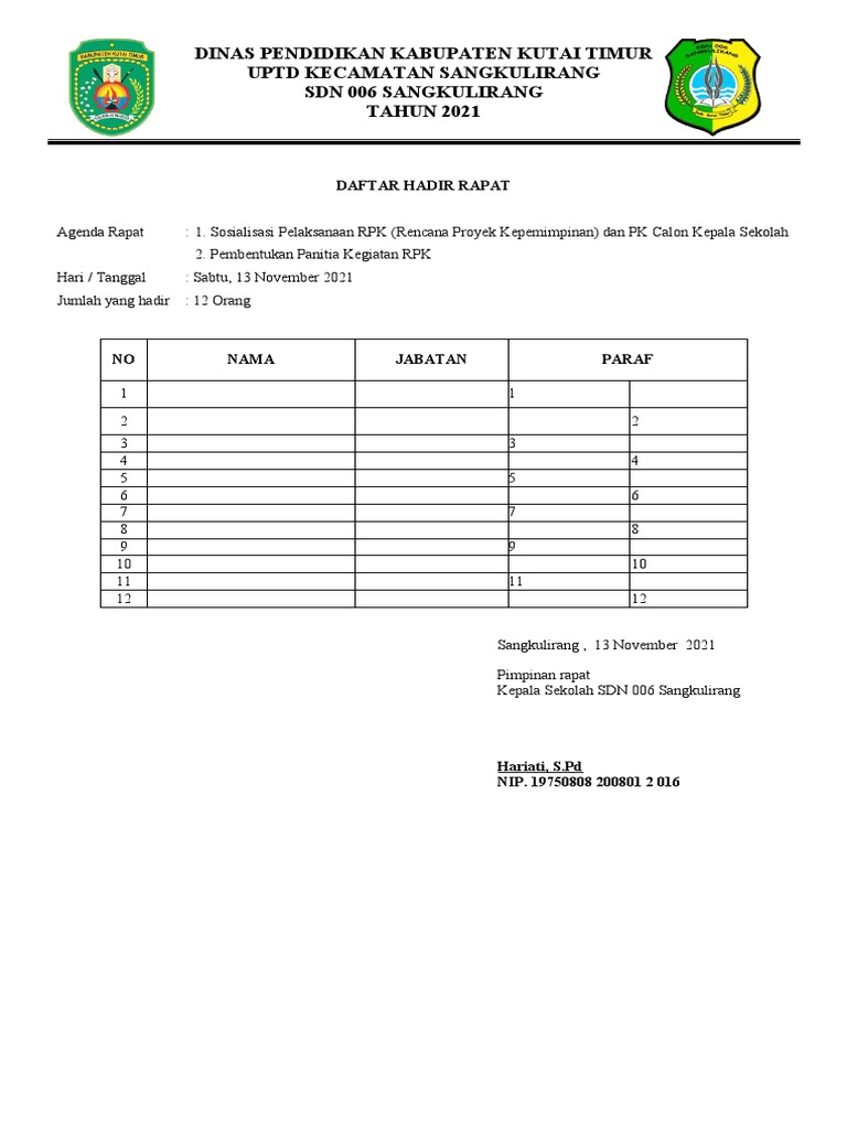 Daftar Hadir Rapat Guru | PDF