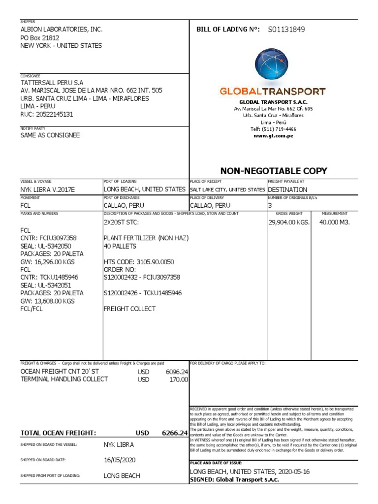 Non-Negotiable Copy: Bill of Lading N° | PDF | Cargo | Bill Of Lading