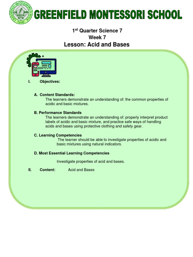 Lesson: Acid and Bases: 1 Quarter Science 7 Week 7 | PDF | Acid | Ph
