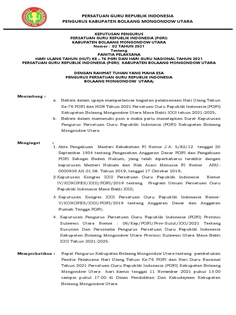 SK Pgri Hut Ke 76 Dan HGN Tahun 2021 | PDF