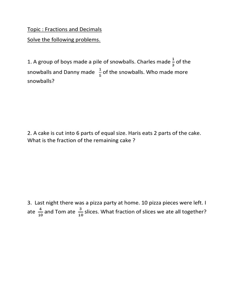 Fractions and Decimals-Solving Problems Worksheet | PDF