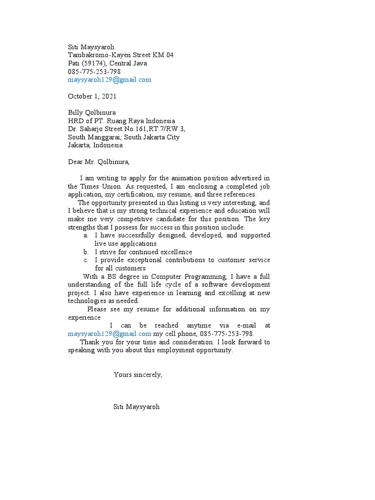 Application Letter Latihan | PDF | Marketing | Business