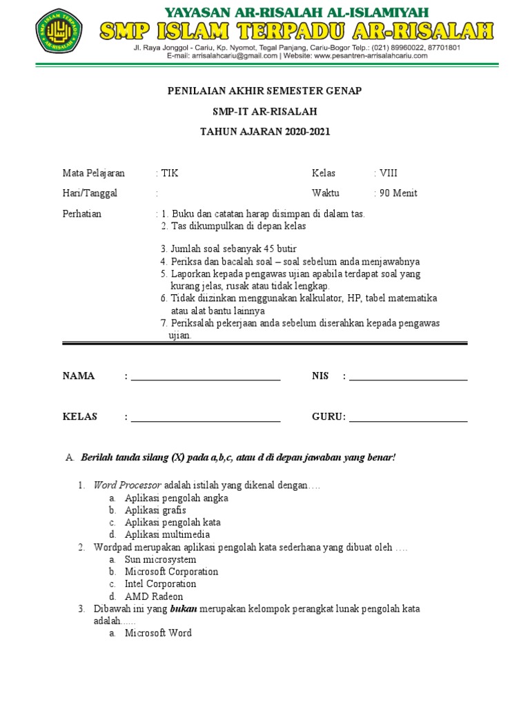 Soal, Jawaban, Dan Kisi-Kisi Tik Kelas 8 | PDF