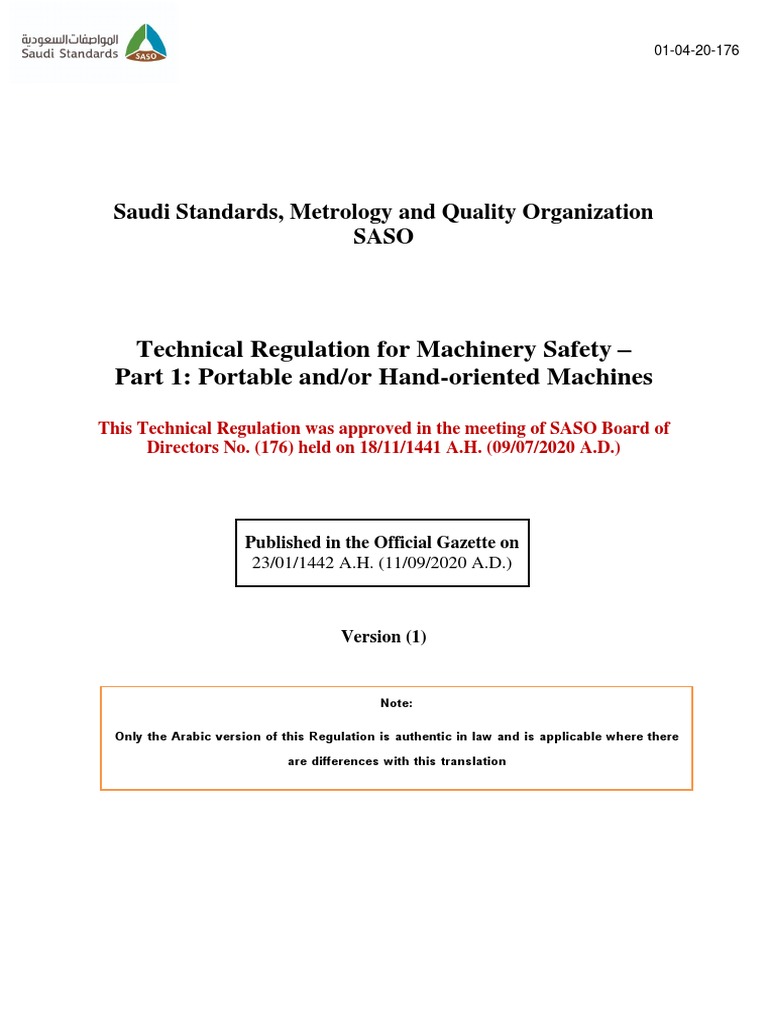 Technical Regulation For Machinery Safety - Part 1: Portable And/or ...