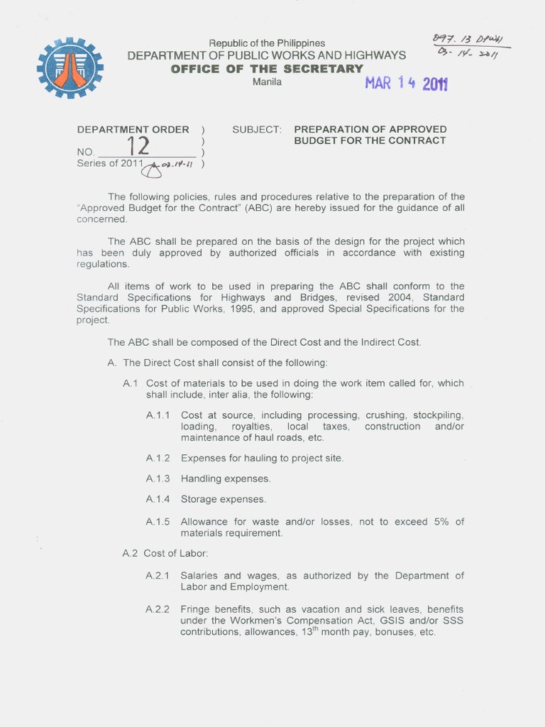 DPWH - Preparation of Approved Budget For The Contract | PDF ...