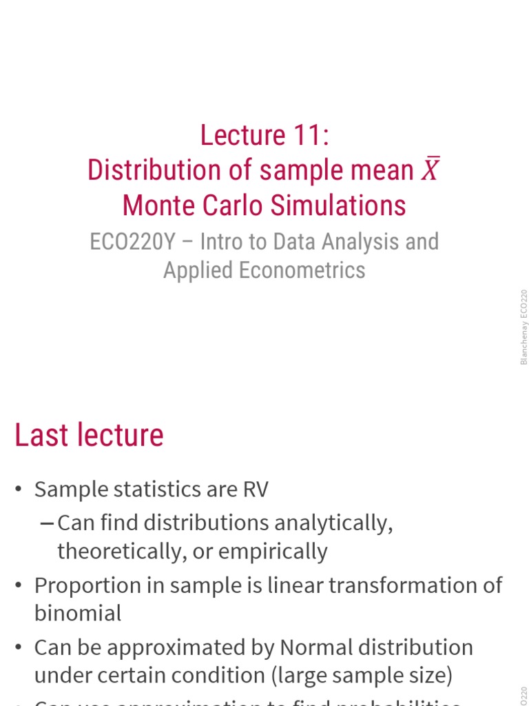 Distribution Of Sample Mean Monte Carlo Simulations Eco220y Intro To