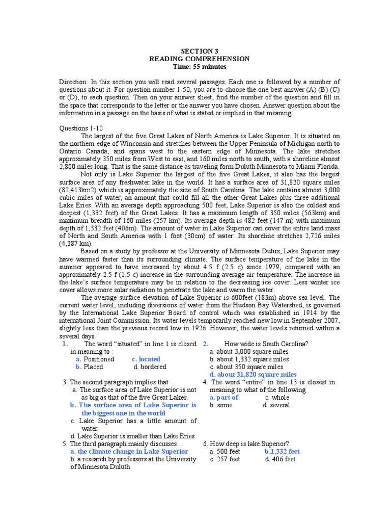 Section 3 Reading Comprehension Time: 55 Minutes: 1. A. C. Located B. 2 ...