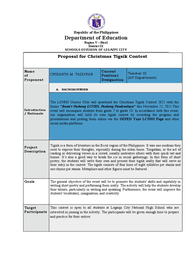 Proposal For Tigsik | PDF | Poetry | Communication