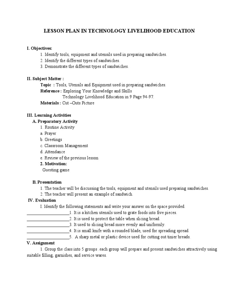 Lesson Plan in Technology Livelihood Education 1 | PDF