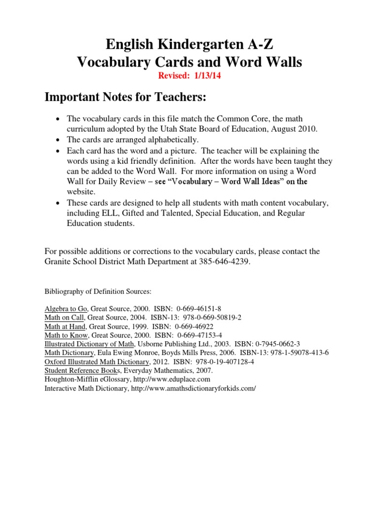 Vocabulary Cards Kindergarten | PDF | Length | Mathematics