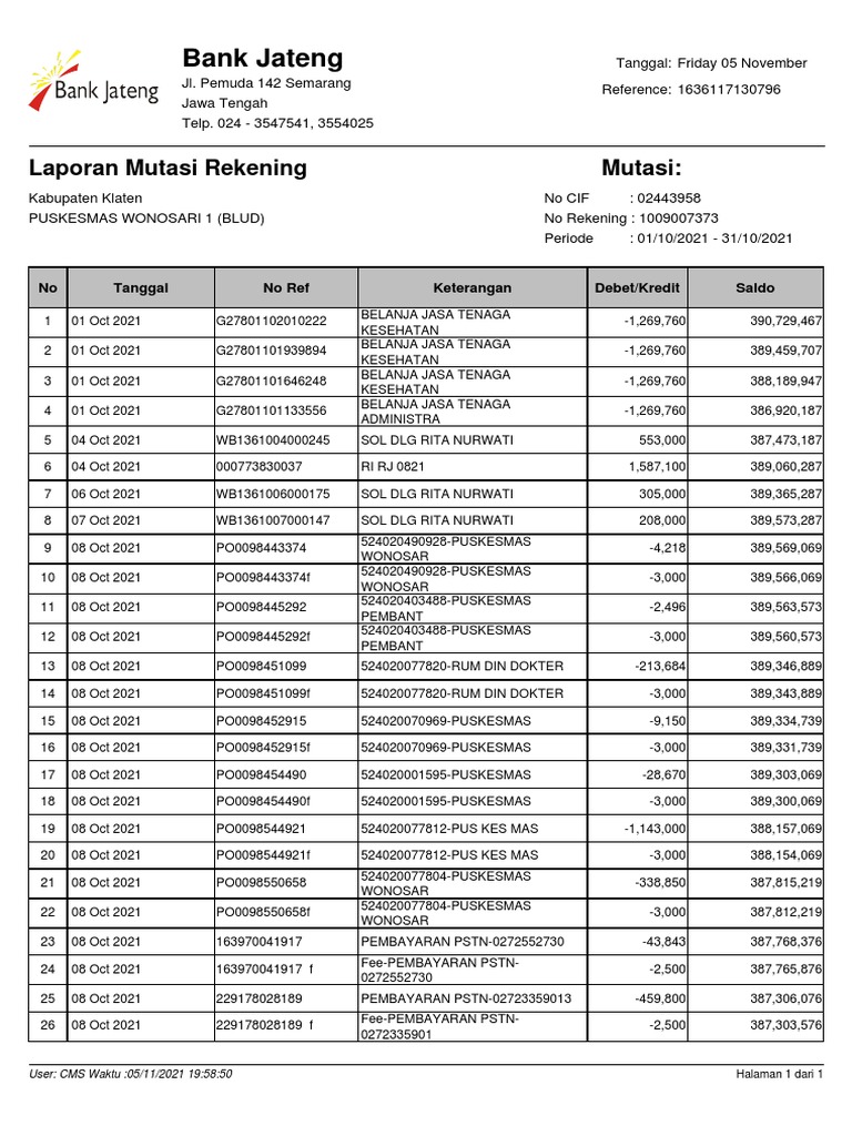 Bank Jateng: Laporan Mutasi Rekening Mutasi | PDF