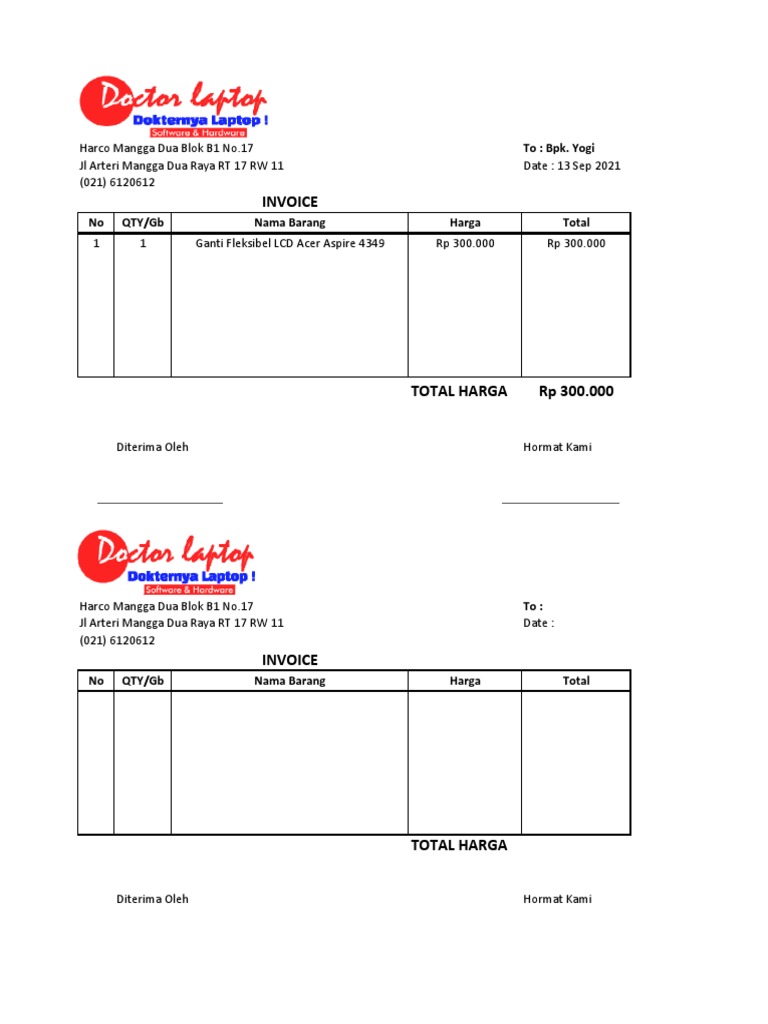 Invoice Perbaikan Laptop Acer | PDF