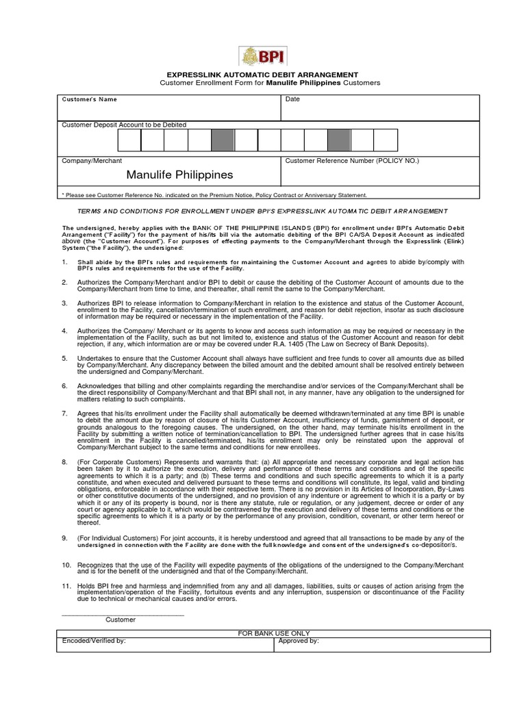 Customer Enrollment Form For Manulife Philippines Customers | PDF ...