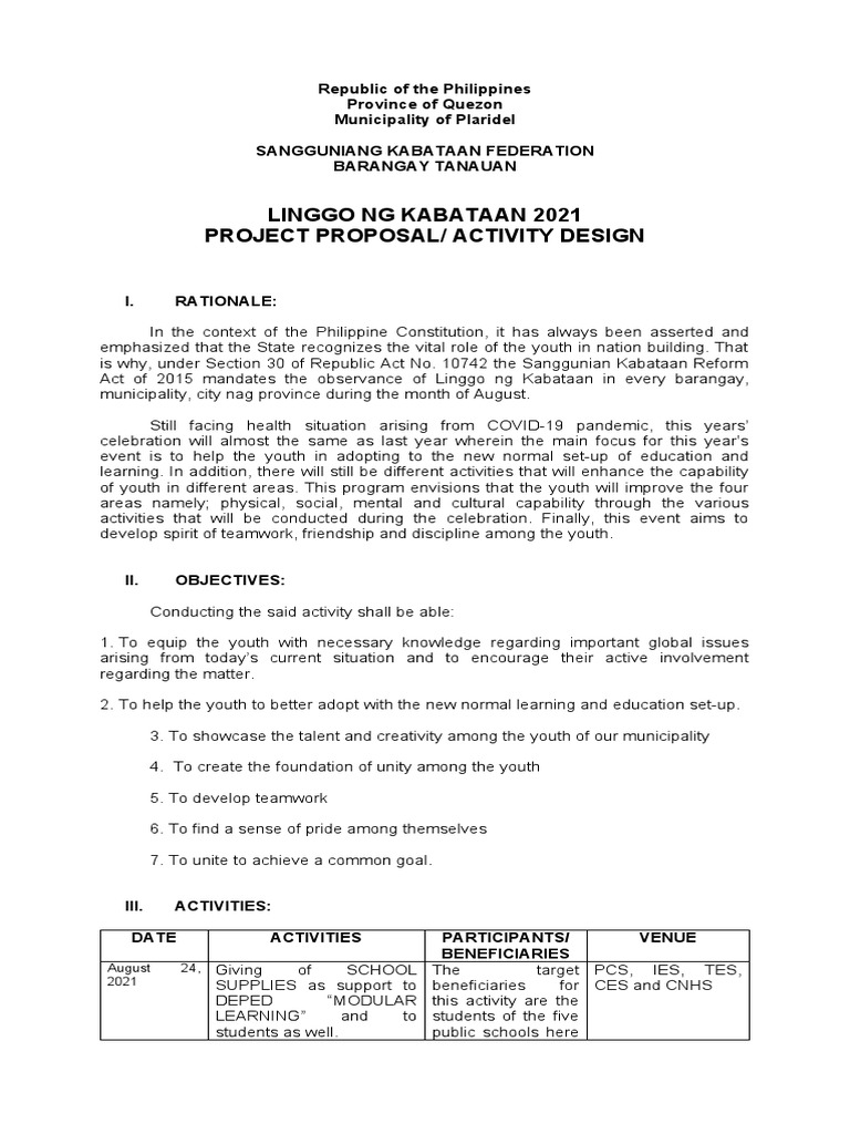 Linggo NG Kabataan 2021 Project Proposal/ Activity Design | PDF