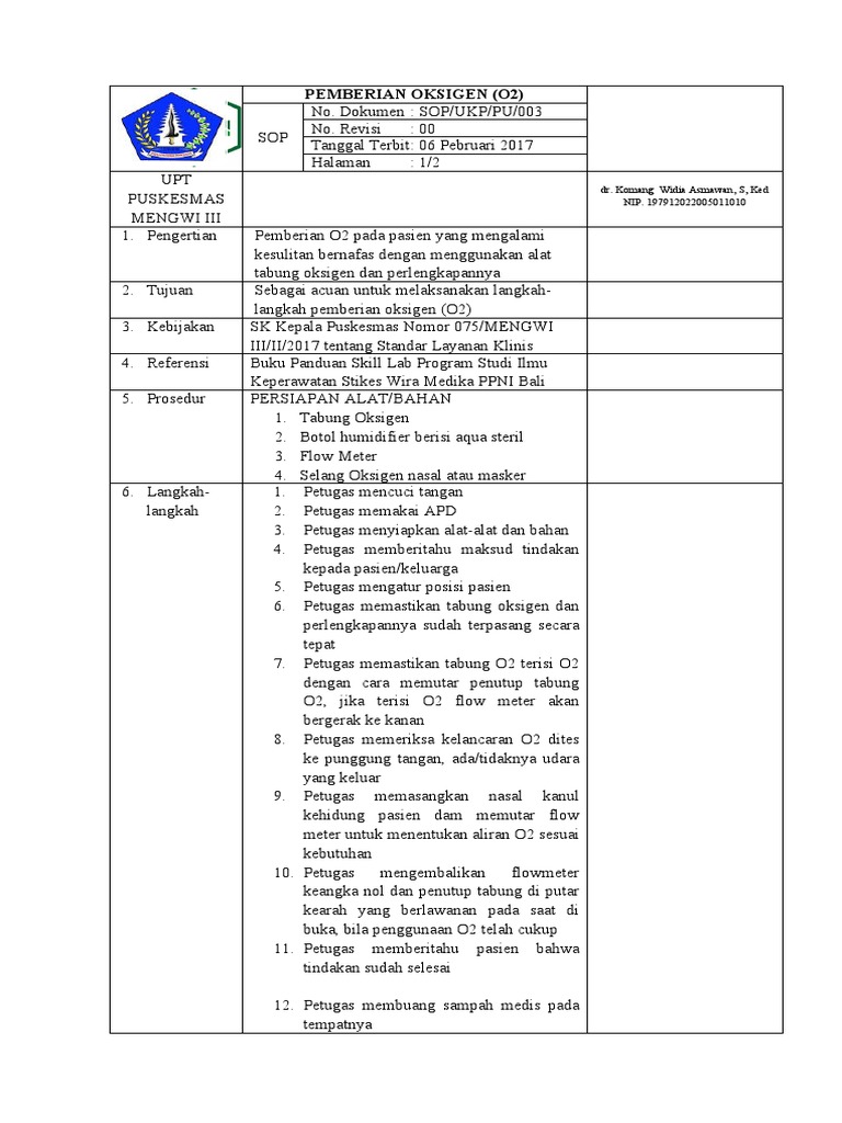 Sop Pemberian O2 | PDF | Sains & Matematika