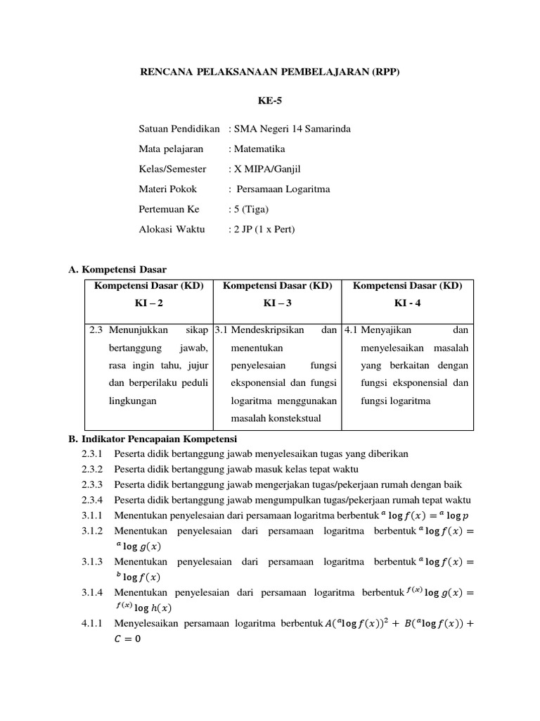 RPP 5 Persamaan Logaritma | PDF