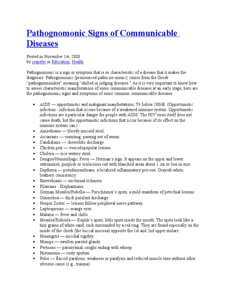 Pathognomonic Signs of Communicable Diseases | Download Free PDF ...
