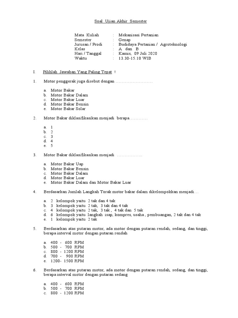 Soal Ujian Mekanisasi Pertanian 2020 | PDF | Teknologi & Rekayasa