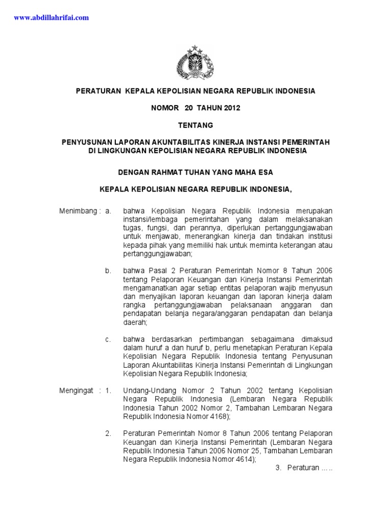 PERKAP NO 20 Tahun 2012 TTG PENYUSUNAN LAKIP POLRI | PDF