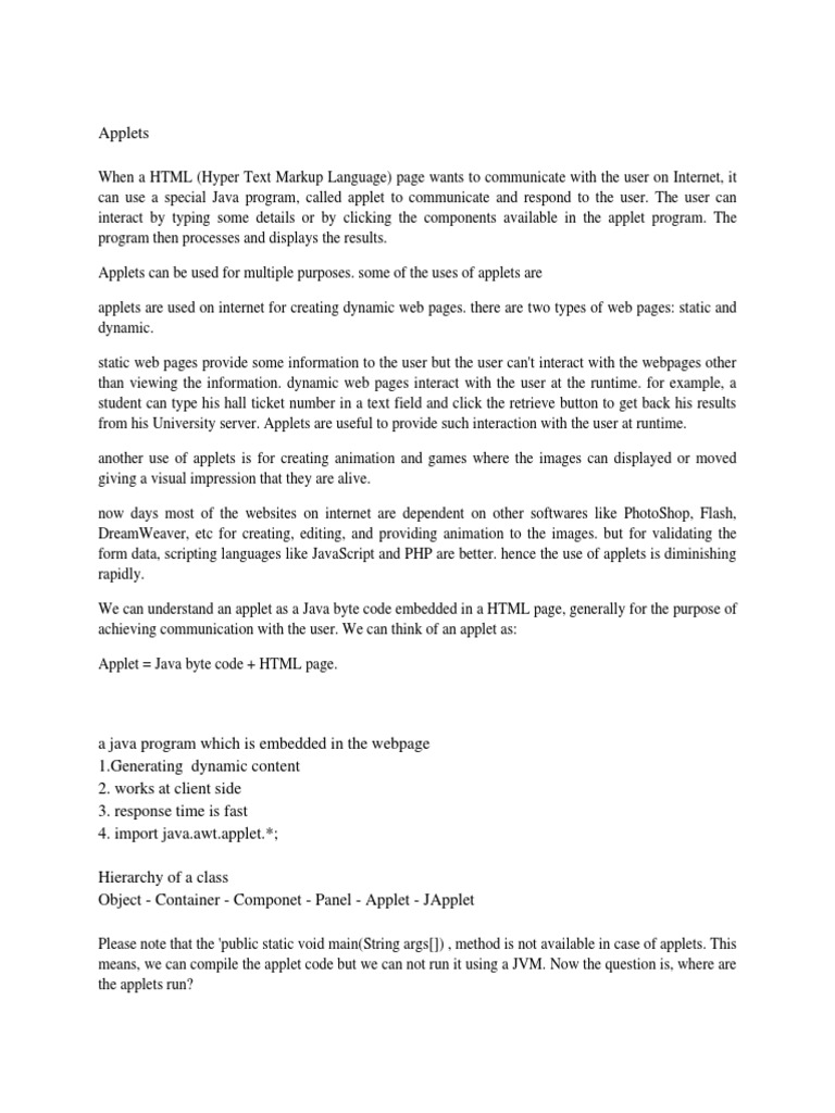 Applet Class Notes PDF | PDF | Dynamic Web Page | World Wide Web