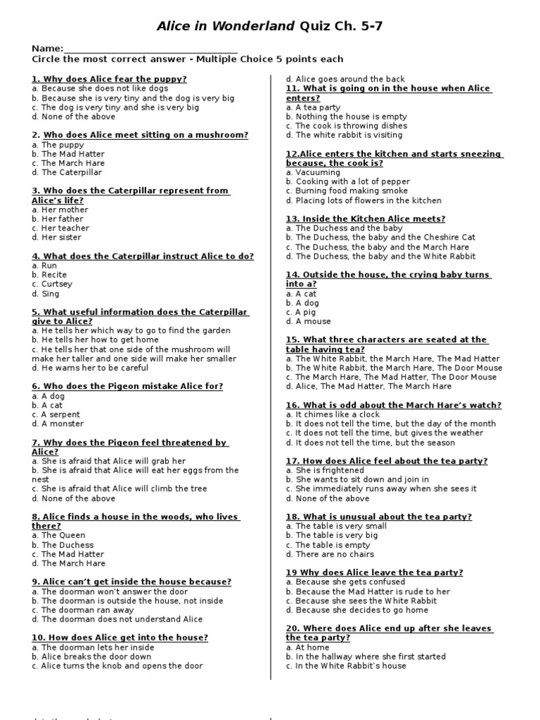Alice in Wonderland Quiz Ch. 5-7 | PDF | Alice's Adventures In ...